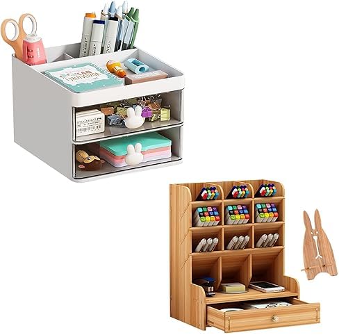 Amazon.com : Marbrasse Small Desk Organizer with Drawer, Wooden Desk ...