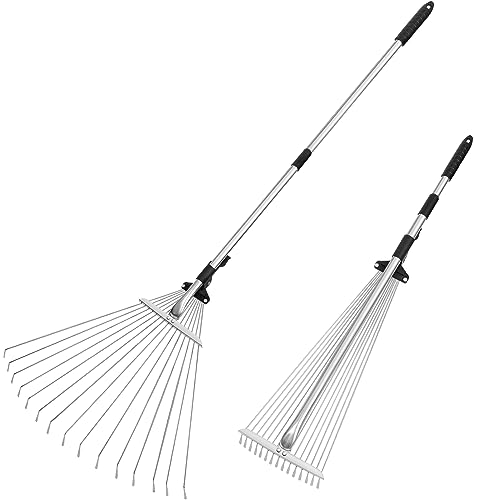 Adjustable Garden Leaf Rake 64.3 inch, Collapsible Metal Graden Rake ...