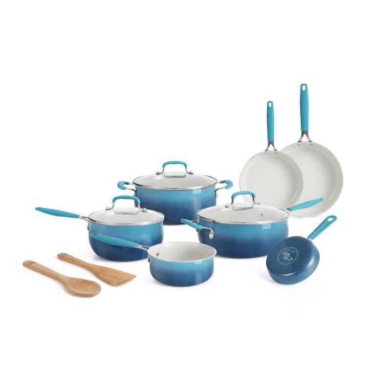 12-Piece Porcelain Enamel Ceramic Cookware Set in Ombre Teal Blue