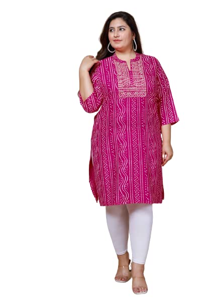 Buy Angiya Women's Plus Size Pink Rayon Bandhej Printed Straight Kurta ...