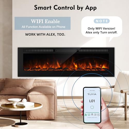 72" WiFi Smart Recessed Electric Fireplace Insert, 5 Flame Settings ...
