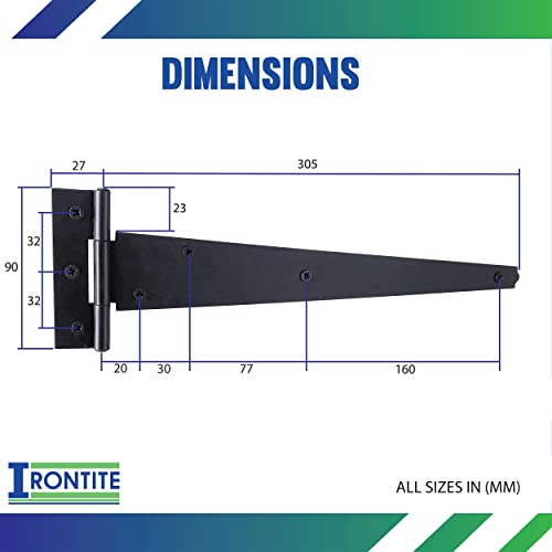 IRONTITE 1 Pair Black T Hinges 300mm (12), Gate Hinges for Wooden Gates ...