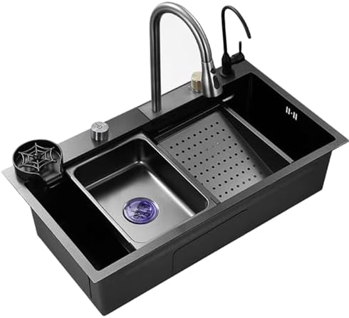 Black Sink with Waterfall 304 Stainless Steel Sink Kitchen Single Bowl ...