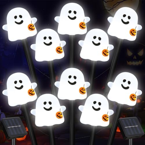 Solar Halloween Ghost Pathway Lights, 10 Pack Ghost Stake Lights with ...
