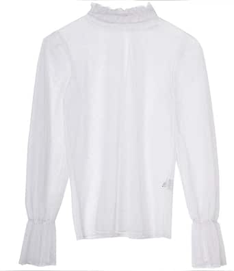 Amazon | [JIANGWEI] （ジャンーウェ）総レース レディース カットソー Tシャツ ハイネック 透け感 大人 シースルー ドット柄 インナー付き メッシュシャツ セクシー 春夏 ...