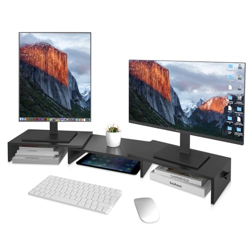 Pholiten Wood Triple Monitor Stand Riser, Desktop Monitor Stand with ...