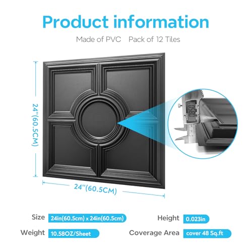 STICKGOO Black Drop Ceiling Tiles 2ft x 2ft, Glue Up Ceiling Panels 24 ...