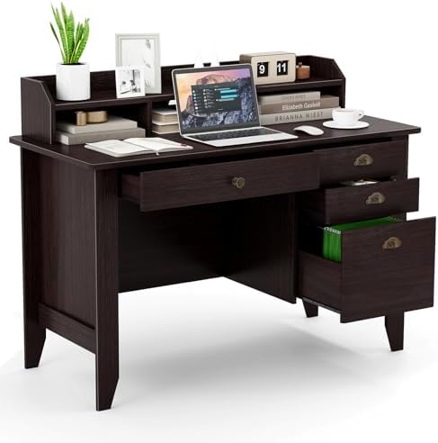 SAFEPLUS 48" Computer Desk with 4 Storage Drawers and Hutch Wood ...
