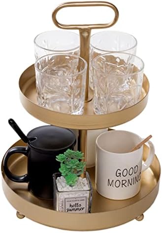 MAONAME Gold 2 Tiered Tray, Metal Two Tier Tray with Handle, Decorative ...