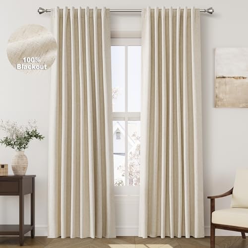Beige Blackout Linen Curtains 90 inch Length 2 Panels for Living Room ...