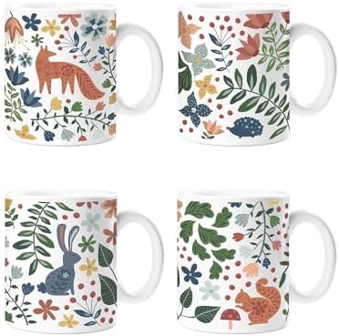 YöL Set Of 4 Woodland-Themed Mugs Forest Autumnal Fox Bunny Coffee Tea ...