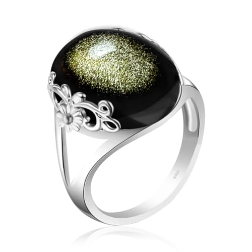 Amazon.com: Black Obsidian Stone Ring,Dainty S925 Sterling Silver ...