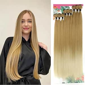 Amazon.com : Synthetic Silky Straight Hair Bundles Extensions 9PCS/Set ...