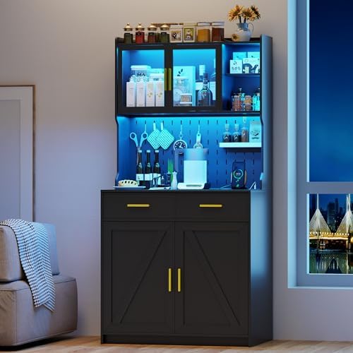 Amazon.com: MDGC LED Kitchen Pantry Cabinet with Outlets, Farmhouse ...