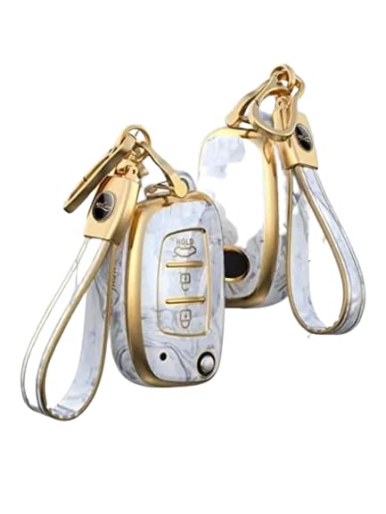 Gold Border Marble Type TPU Key Cover and Key Chain for Creta, Alcazar ...