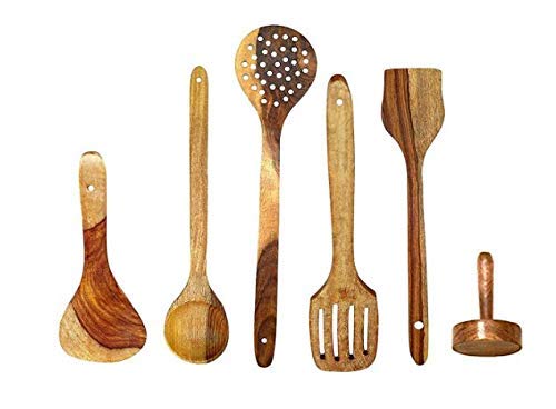 Buy Wooden BASERA Wooden Serving and Cooking Non Stick Spoons Set of 6 ...