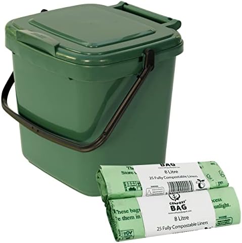 Green Kitchen Compost Caddy & 50x 8L Compostable Bags - for Food Waste ...