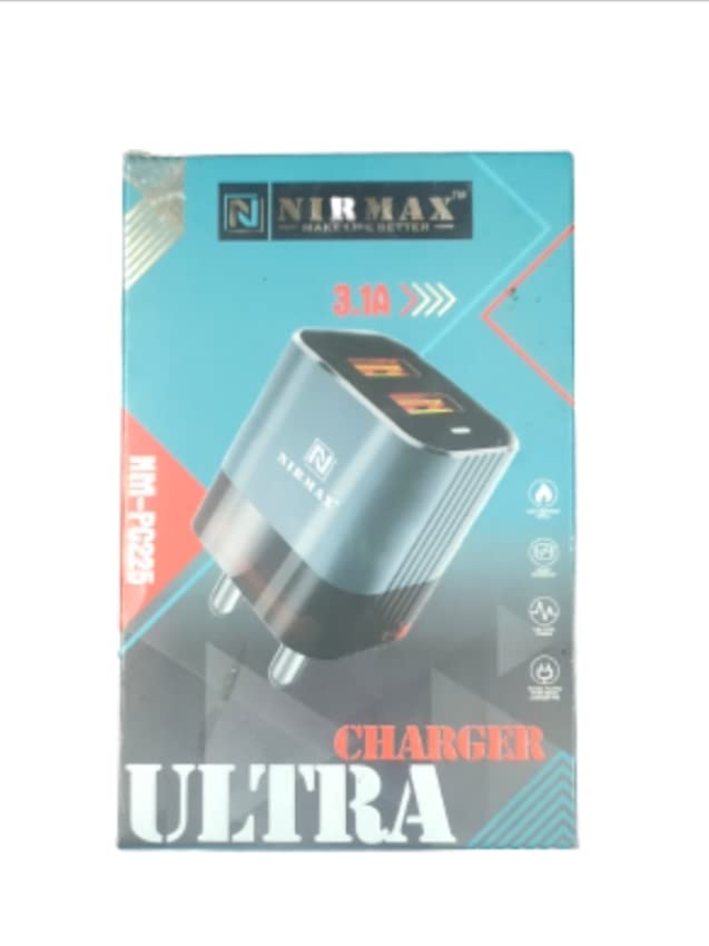NIRMAX Charger Ultra NM-PC225 3.1A Fast Charger 12W, Smart Microchip, 2 Type-A Port(Black ...