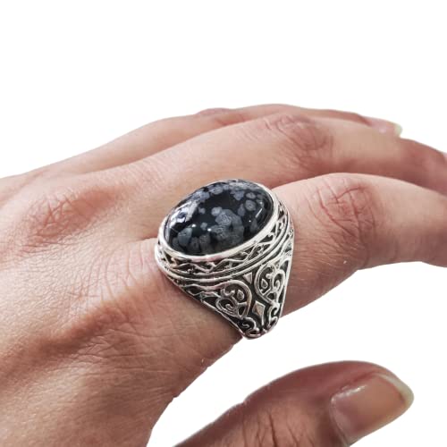 Amazon.com: Snowflake Obsidian Mans Ring, Natural Snowflake Obsidian ...