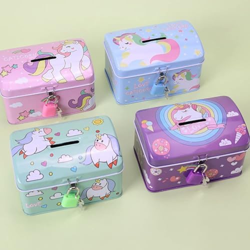 Rectangle Shape Unicorn Theme Metal Money Bank with Lock and Key for ...