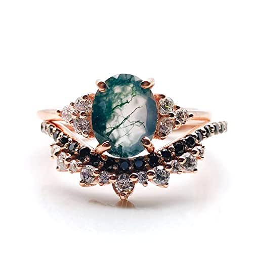 Amazon.com: Natural Moss Agate Ring Set - Oval Shaped Gold and Silver ...