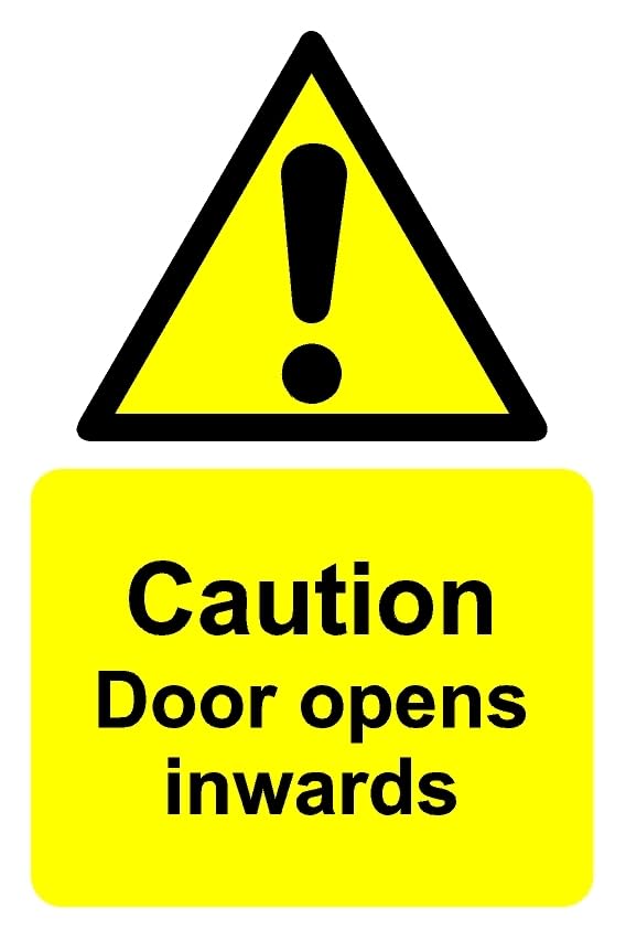 Caution door opens inwards safety sign - Self adhesive sticker (200mm x ...