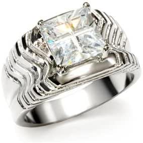 Stainless Steel Square Right Hand Ring with Princess Cut Clear CZ ...