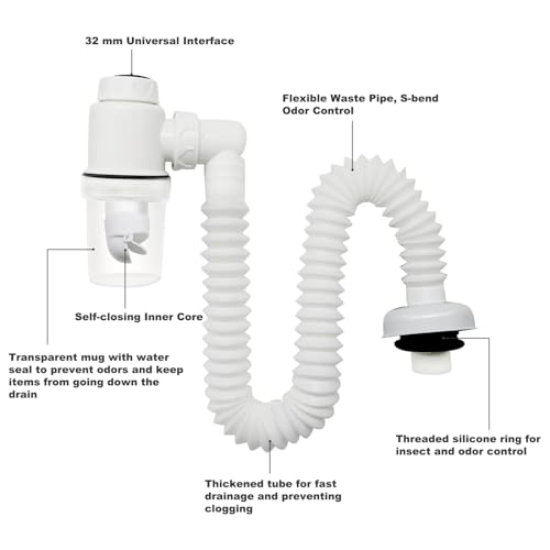 ICEBLUEOR Flexible Waste Pipe, Anti-Odour Sink Waste Trap, 1 1/4 ...