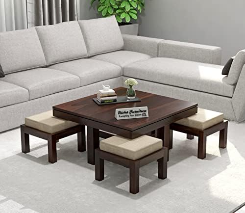 Signature Kraft Sheesham Wood Center Table with 4 Stool | Wooden Coffee Table for Living Room ...