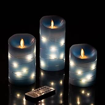 Mozeal Blue LED Flameless Flickering Candles Set of 3,Battery Operated ...