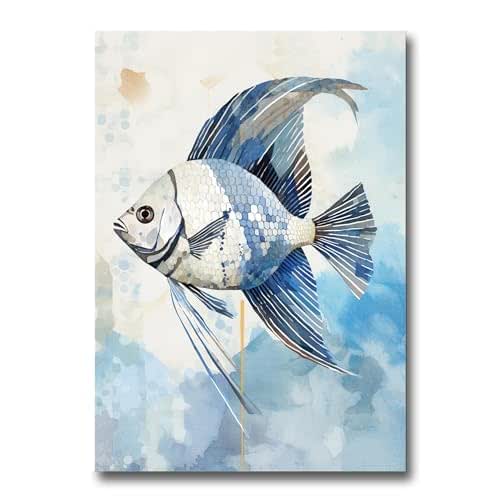 Amazon.com: Sea Angelfish Painting Print, Navy Blue Fish Wall Art ...