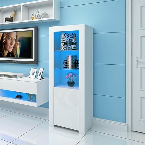 Dripex High Gloss LED Sideboard, 160cm Tall Cabinet Cupboard Stoarge ...