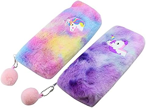 PARTEET Unicorn Soft Fur Pencil Case, Multicolor Zipper Pouch for Girls ...