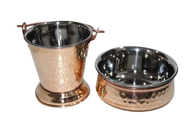 Buy THATHERA Hammered Steel Copper Serving Bucket & Handi 300ml kadai ...