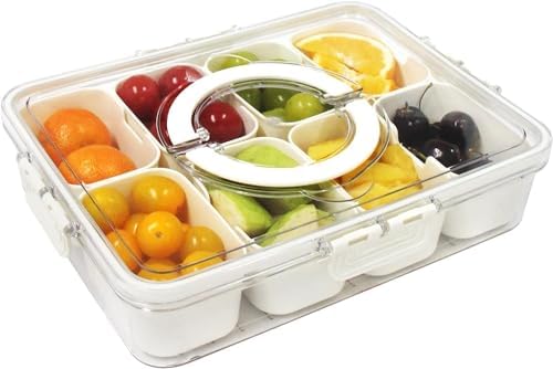 Divided Serving Tray with Lid & Handle, Plastic Portable Food Storage ...