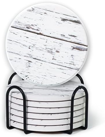 Amazon.com: Juvale Set of 6 White Wooden Coasters with Holder for ...