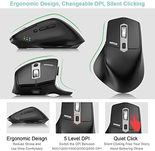 Arteck Multi-Device Wireless Bluetooth Mouse with Nano USB-A, USB-C ...