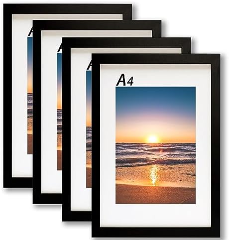A4 Frames 4 Pack, 21x30 cm Wooden Picture Frames, A4 Black Frames for ...