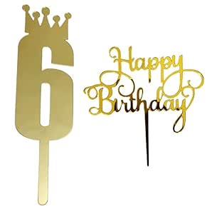 MOREL Gold Color Number 6 Cake Topper with Happy Birthday Topper for ...