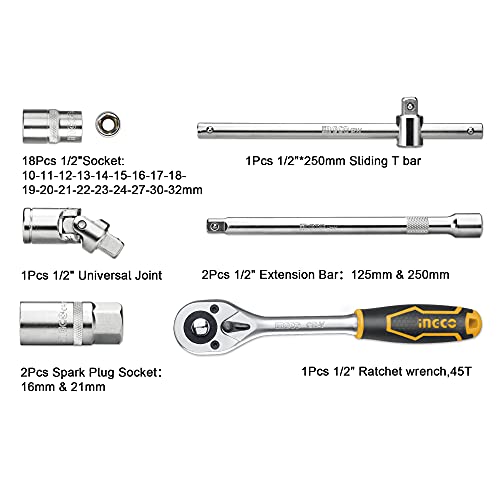 Ingco 1/2" Socket Set, Quick Release Ratchet Wrench Tool Set 25pcs 1/2 ...
