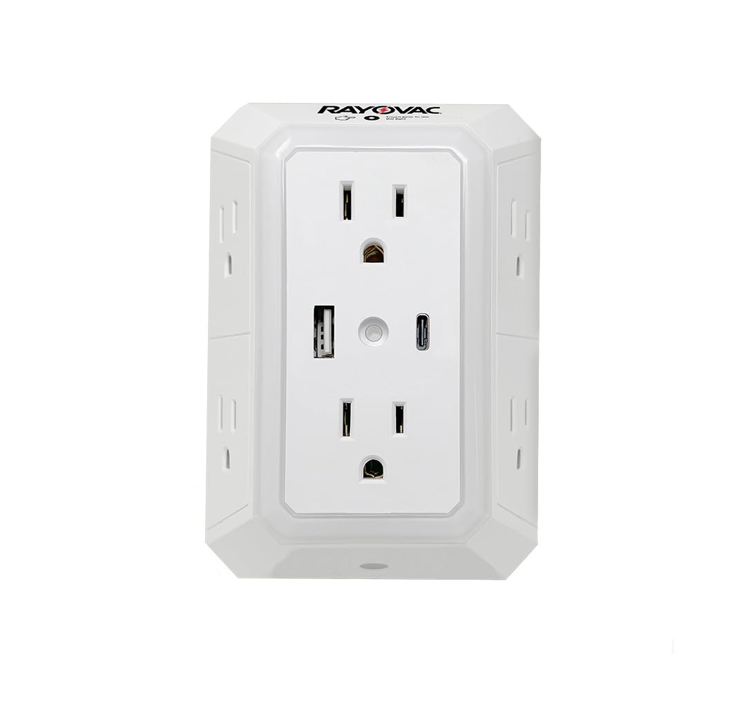 Rayovac Multi Plug Surge Protector with Night Light, 6 Outlets & 2 USB ...