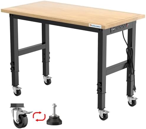Sulives Height Adjustable Workbench Rubber Wood Top Heavy-Duty ...