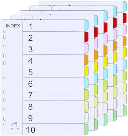 A4 File Dividers, 5 Pack 10 Part Coloured Multi Hole Punched Tabbed ...