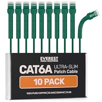 Everest Ultra Slim Cat6a Ethernet Patch Cables 1ft (10-Pack) Green - 10GB Cat 6a Patch Cable ...
