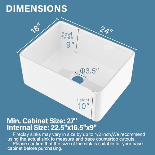 HOMLYLINK Farmhouse Sink 24 Inch Farm Sink Apron Sink White Farmhouse ...