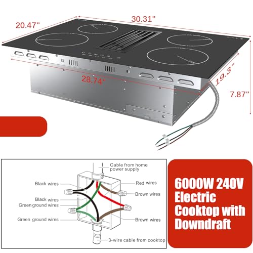 Karinear 30 Inch Electric Cooktop with Downdraft Range Hood, 4 Burners ...