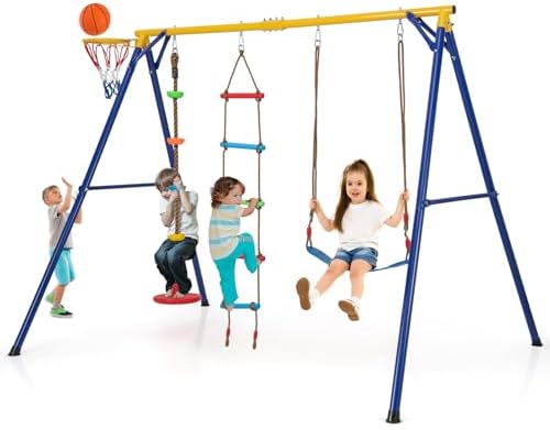 COSTWAY 4-in-1 Kids Swing Set, Metal Swing Stand with Double Swings ...