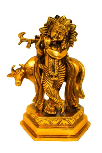 Buy PANCHDHATU Brass Lord Krishna Ji with Cow Idol Statue for Home ...