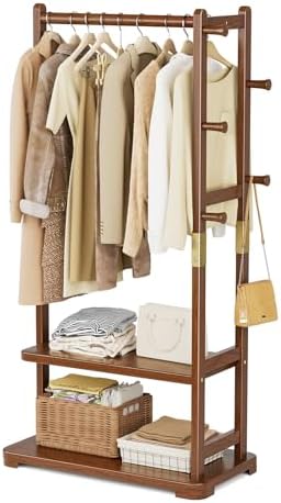 Amazon.com: Taitiy Coat Rack Solid Wood Clothes Rack with 2 Shelves & 4 ...