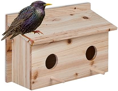 Relaxdays Nesting Box for Starlings, Fir Wood, 2 Entrances Ø5 cm, Perch ...